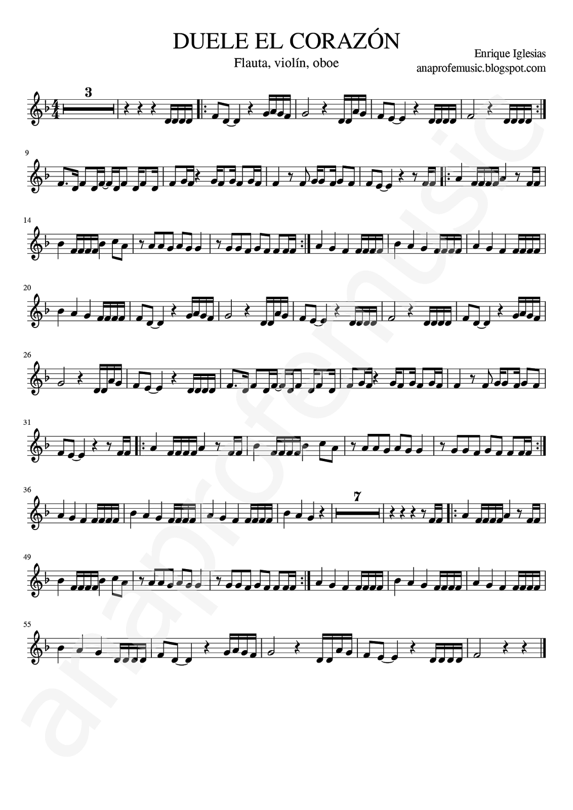 AnaProfeMusic: Partitura Duele el Corazón, de Enrique Iglesias - Flauta ...