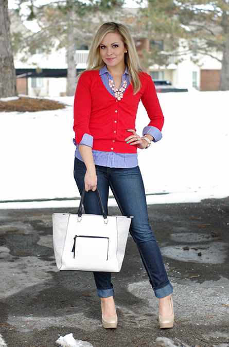 Red cardigan outfits, Red sweater outfit, Casual outfits
