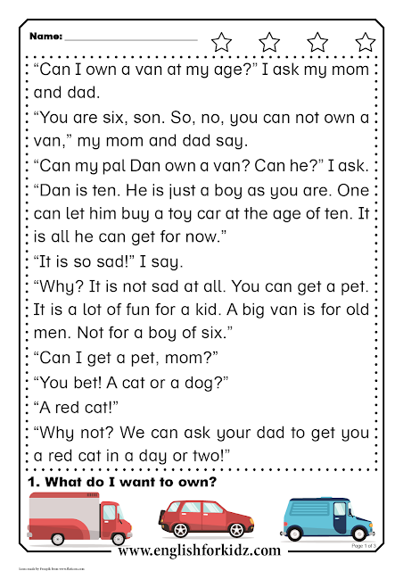 Reading Comprehension Worksheets: Short Word Stories