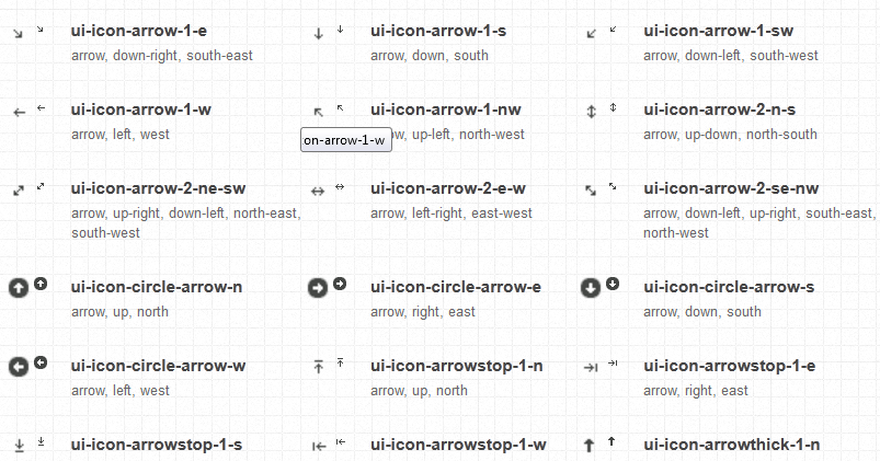 jQuery UI icon css class name map - jQuery 2 DotNet