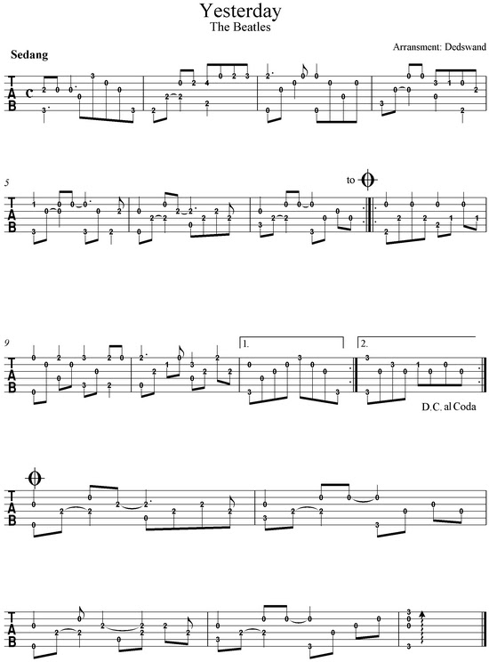 Partitur Solo Gitar Untuk Pemula Yesterday Beatles (TAB) - sahabatku seni