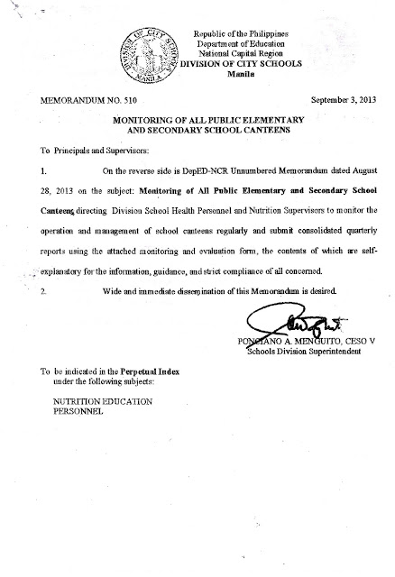 Department of Education Manila: Division Memorandum No. 510 MONITORING ...