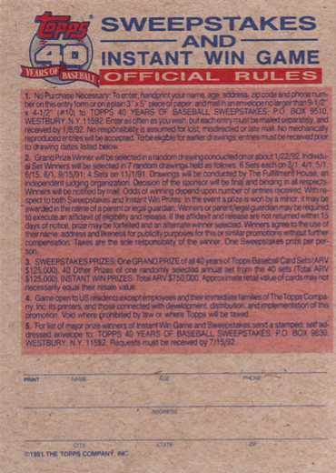 Capewood's Collections: 1991 Topps Instant Win Game