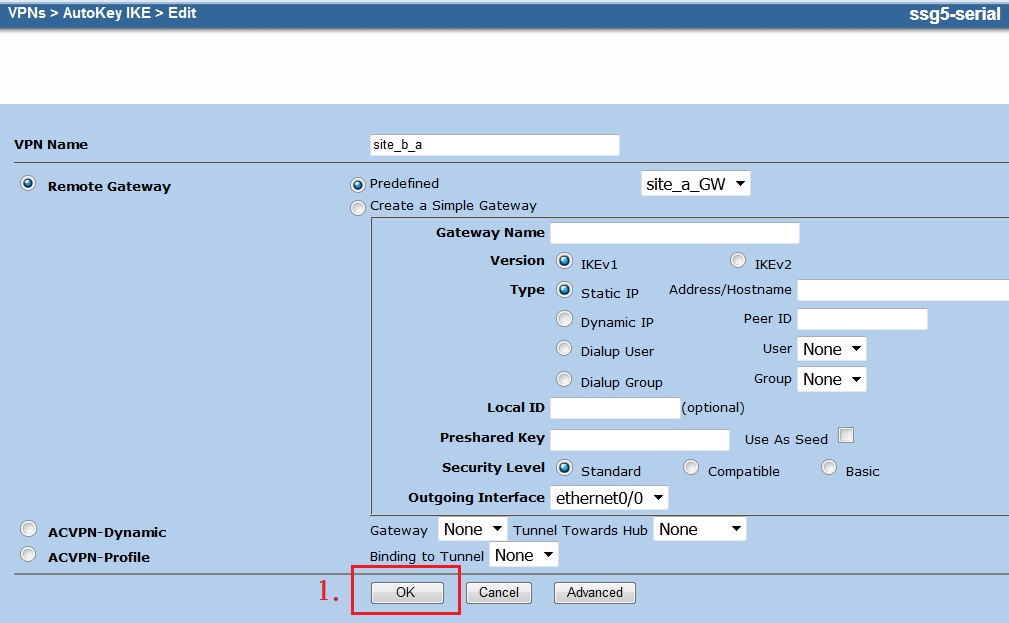 Juniper SSG5 VPN (Virtual Private Network)設定