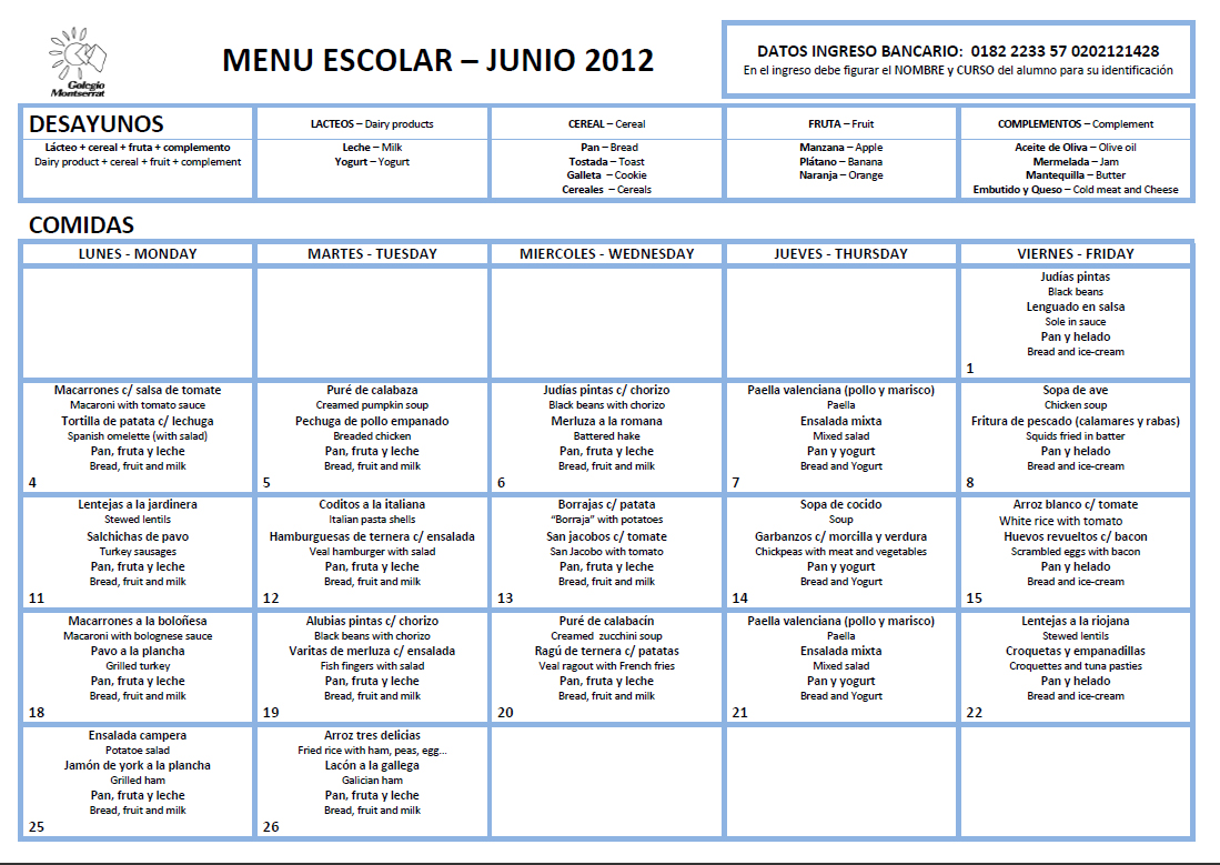 AMPA Colegio Montserrat: Menú Escolar - Junio 2012