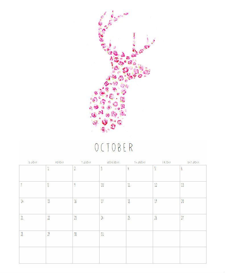 hand painted deer october calender printable