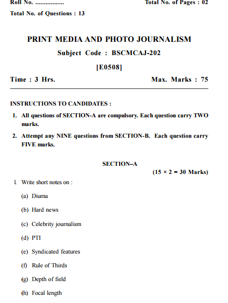 Print Media Photo Journalism UOD MMC 2012 Question Paper - University ...