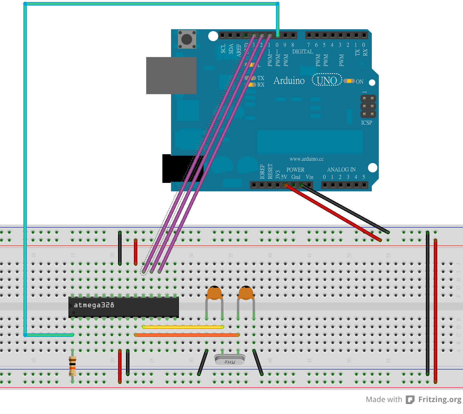 葉難 將arduino Uno當做一台isp線上燒錄器,燒錄bootloader或sketch到麵包板上的atmega328p Pu晶片