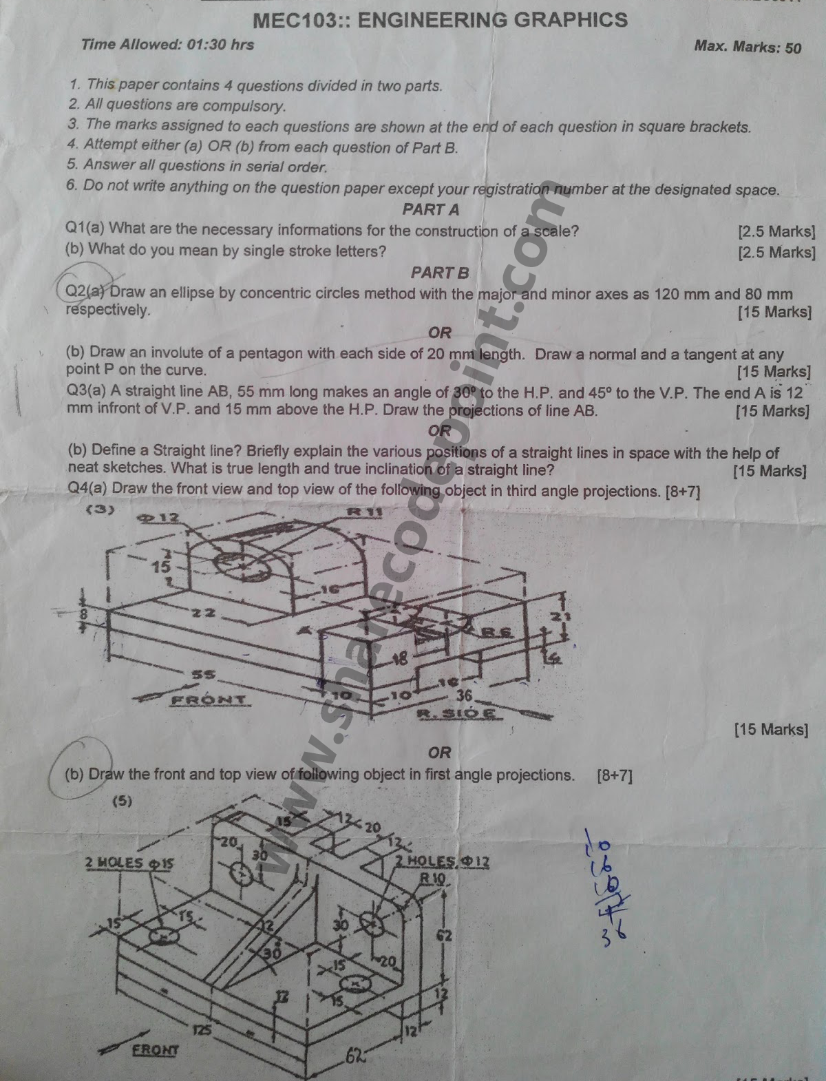 MEC103 : Engineering Graphics Mid Term Exam Question Paper - MEC 103 ...