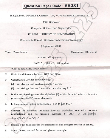 CS2303 Theory of Computation Nov Dec 2011 Past Exam Paper - University ...