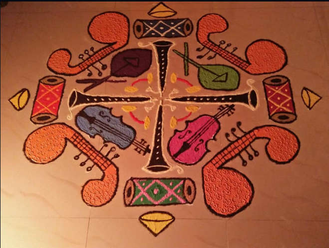 TELUGU WEB WORLD: GANESH AND MUSICAL INSTRUMENTS MODERN RANGOLI ART FOR ...