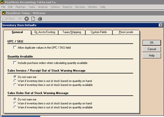 Computerized Accounting: PEACHTREE -- DEFAULT INFORMATION INVENTORY ITEMS
