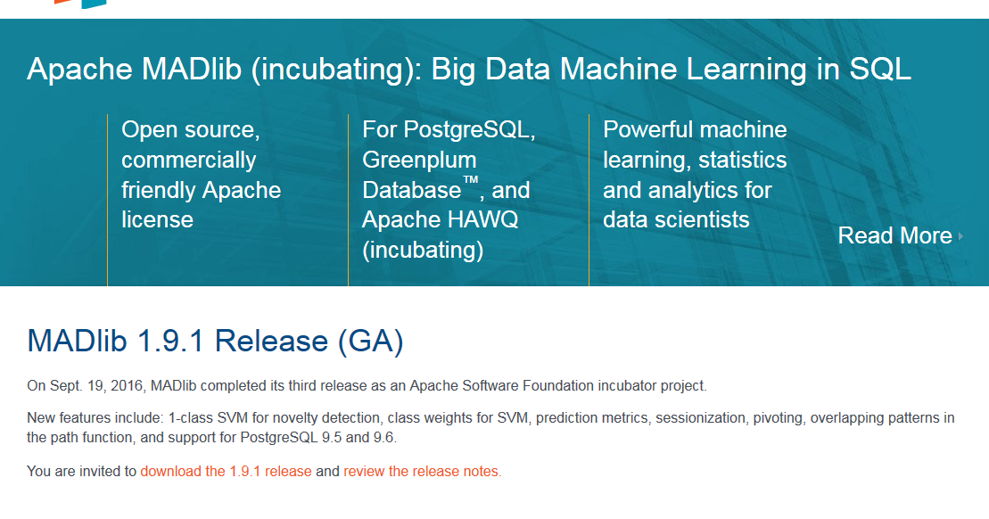 PostgreSQL Deep Dive: MADlib 1.9.1 Release (GA)がリリースされました