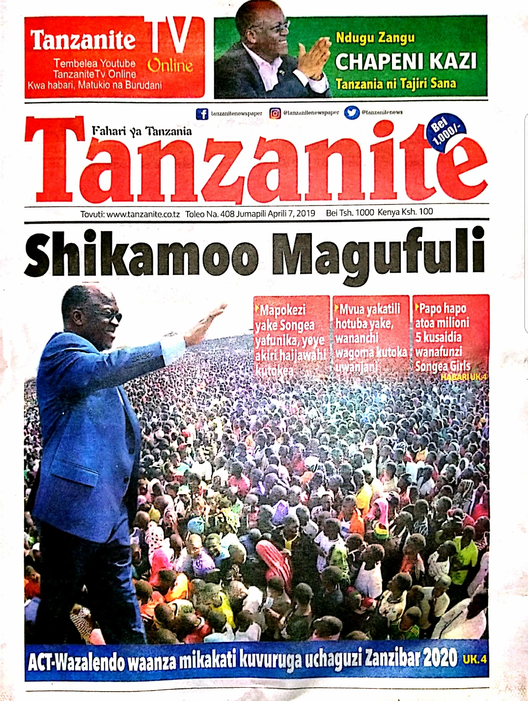 Tanzanian Today's Newspapers MAGAZETI YA LEO Sunday 07th April, 2019 ...