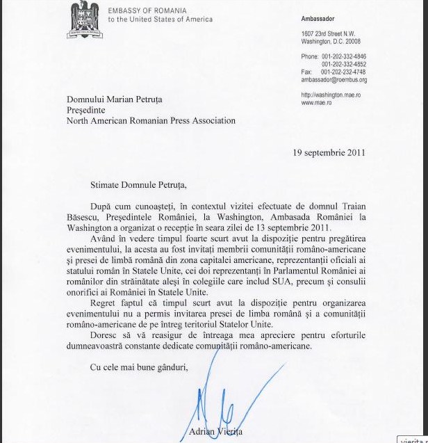 Ambasada Romaniei din Washington DC a invitat preferential presa la ...