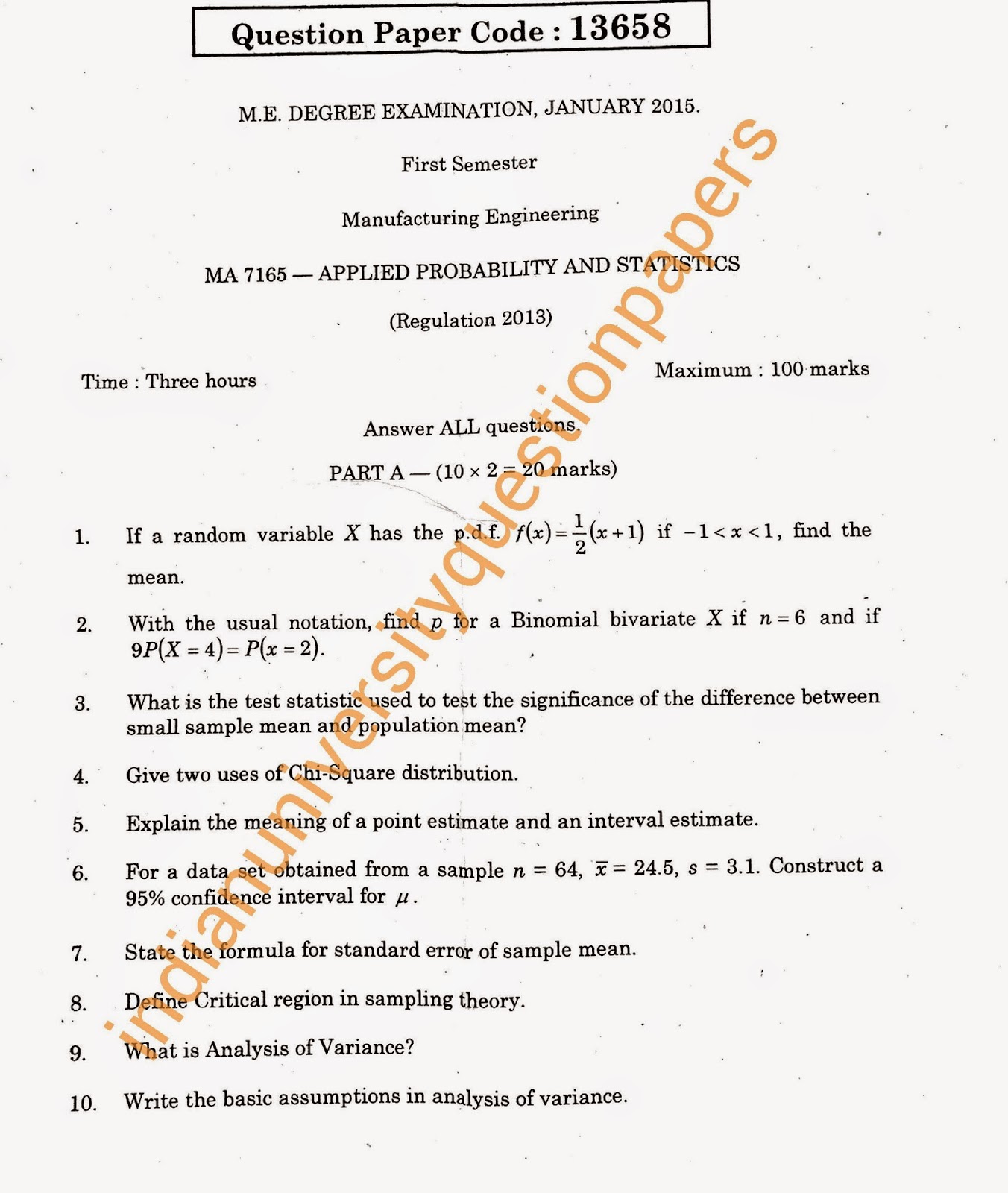 MF7165 - Applied Probability and Statistics M.E Manufacturing: Anna ...