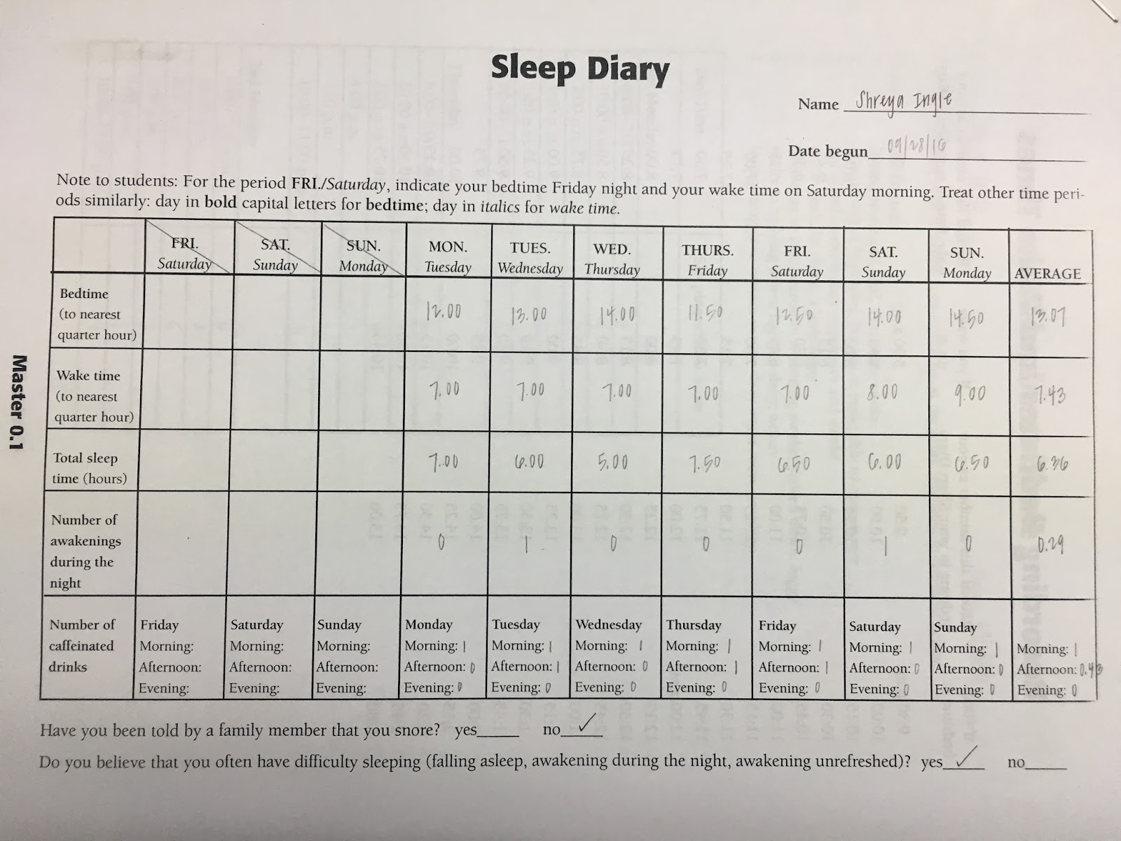 Anatomy and Physiology: Sleep Diary