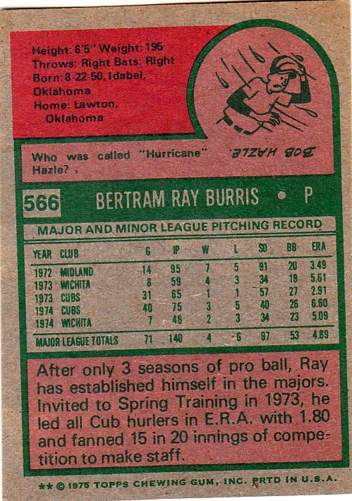 1975 Topps (it's far out, man): #566 - Ray Burris