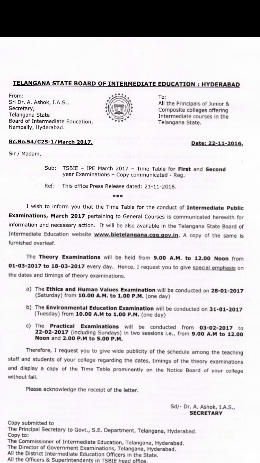 TS intermediate 1st year and 2nd year time table 2018