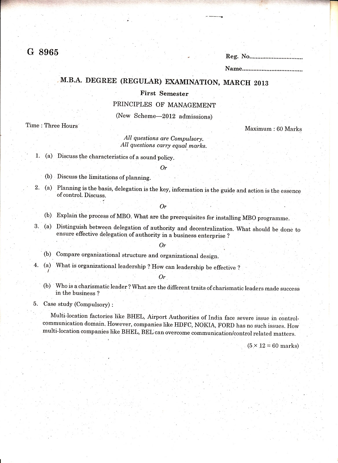 MARIAN LIBRARY: MG University First Sem MBA 2013 Question Paper