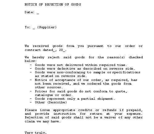 collection: Notice Of Rejection Of Goods Letter