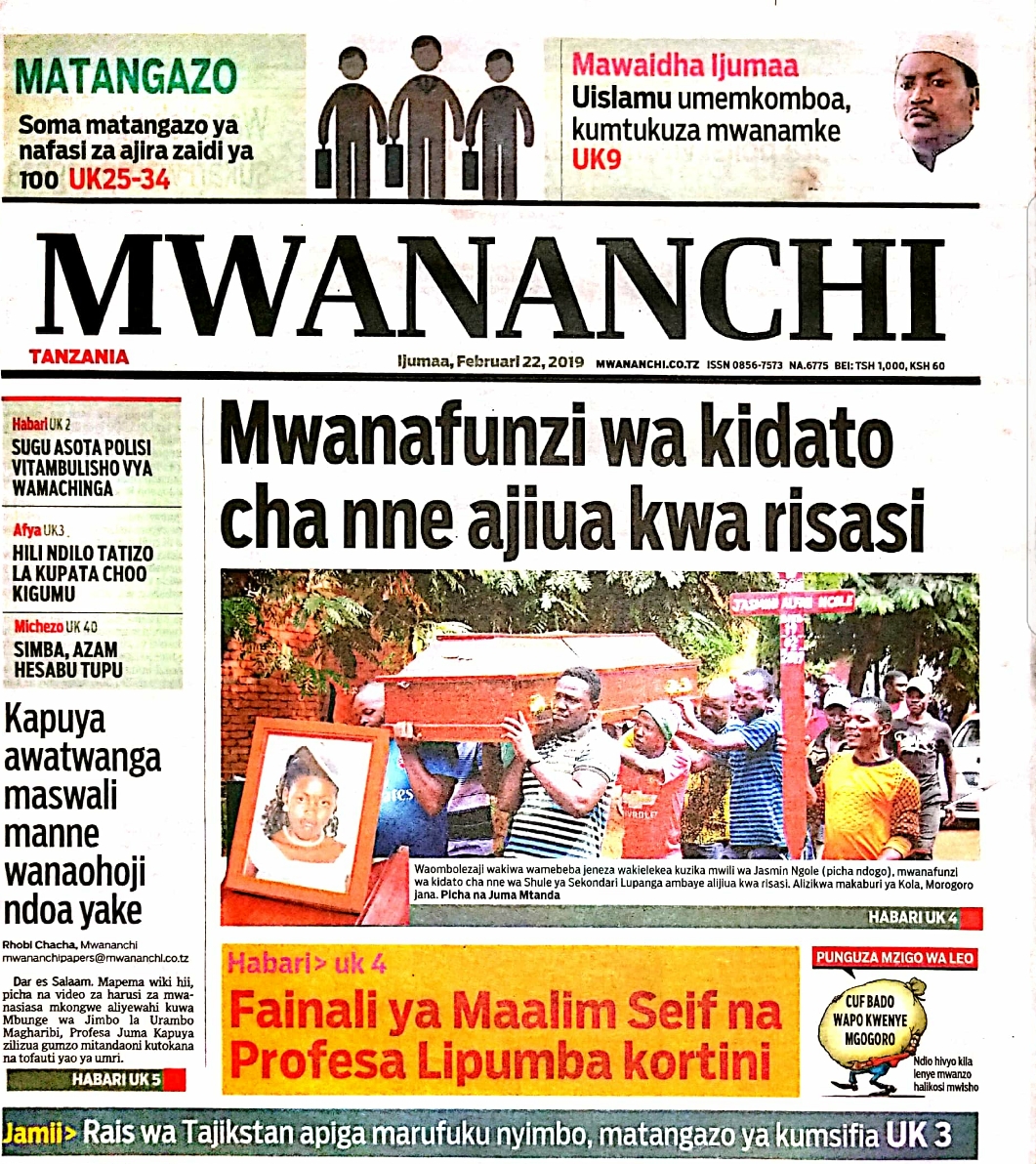 Tanzanian Today's Newspapers MAGAZETI YA LEO Friday 22nd February, 2019 ...