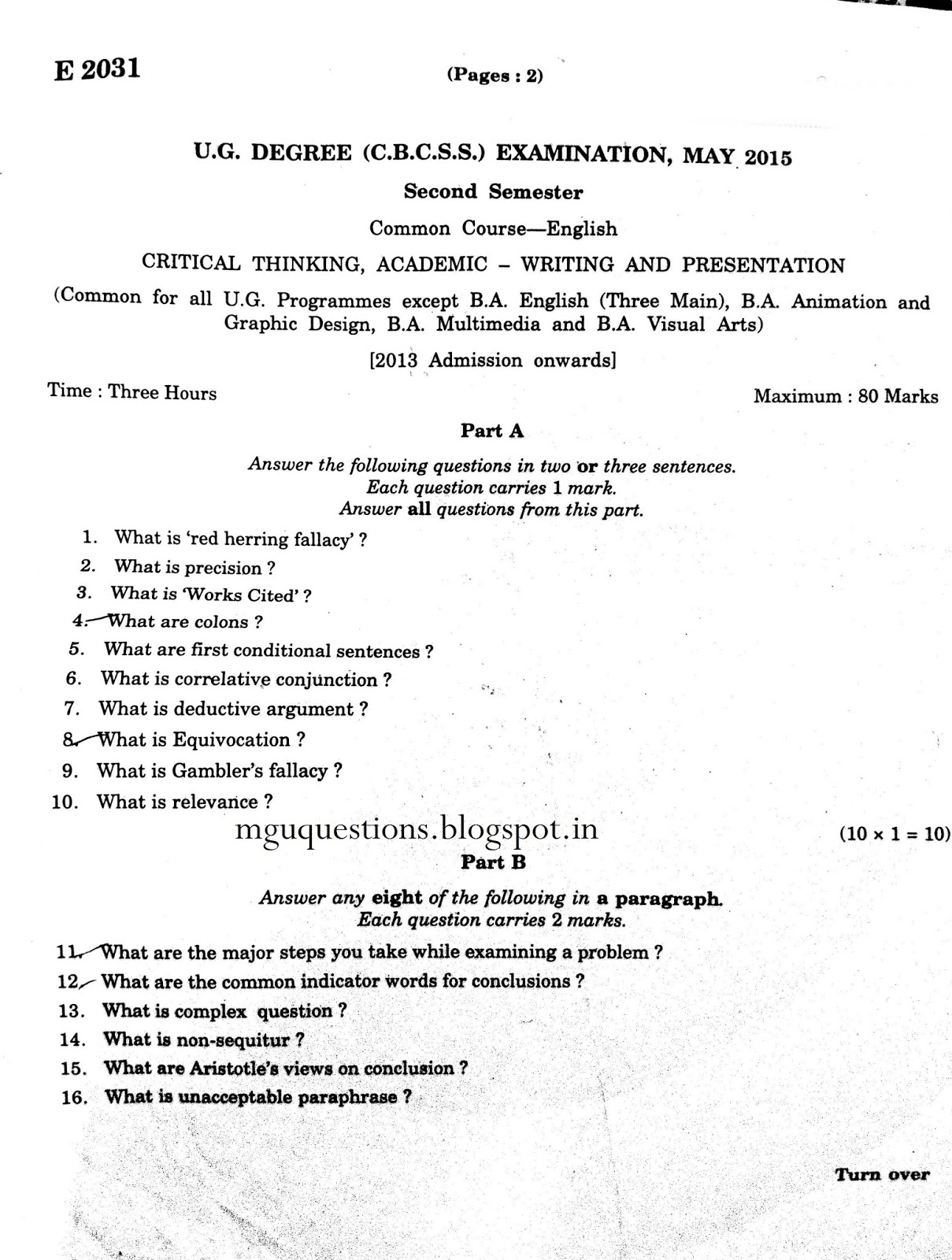 mgu BCA degree semester 2 CIRTICAL THINKING (ENGLISH) 2015 Previous ...