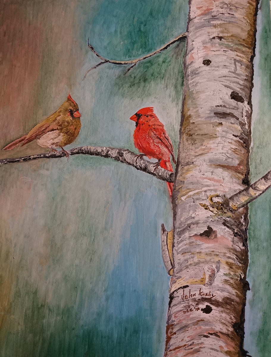John Koshy: Painting Cardinals on the Birch Tree in our Backyard