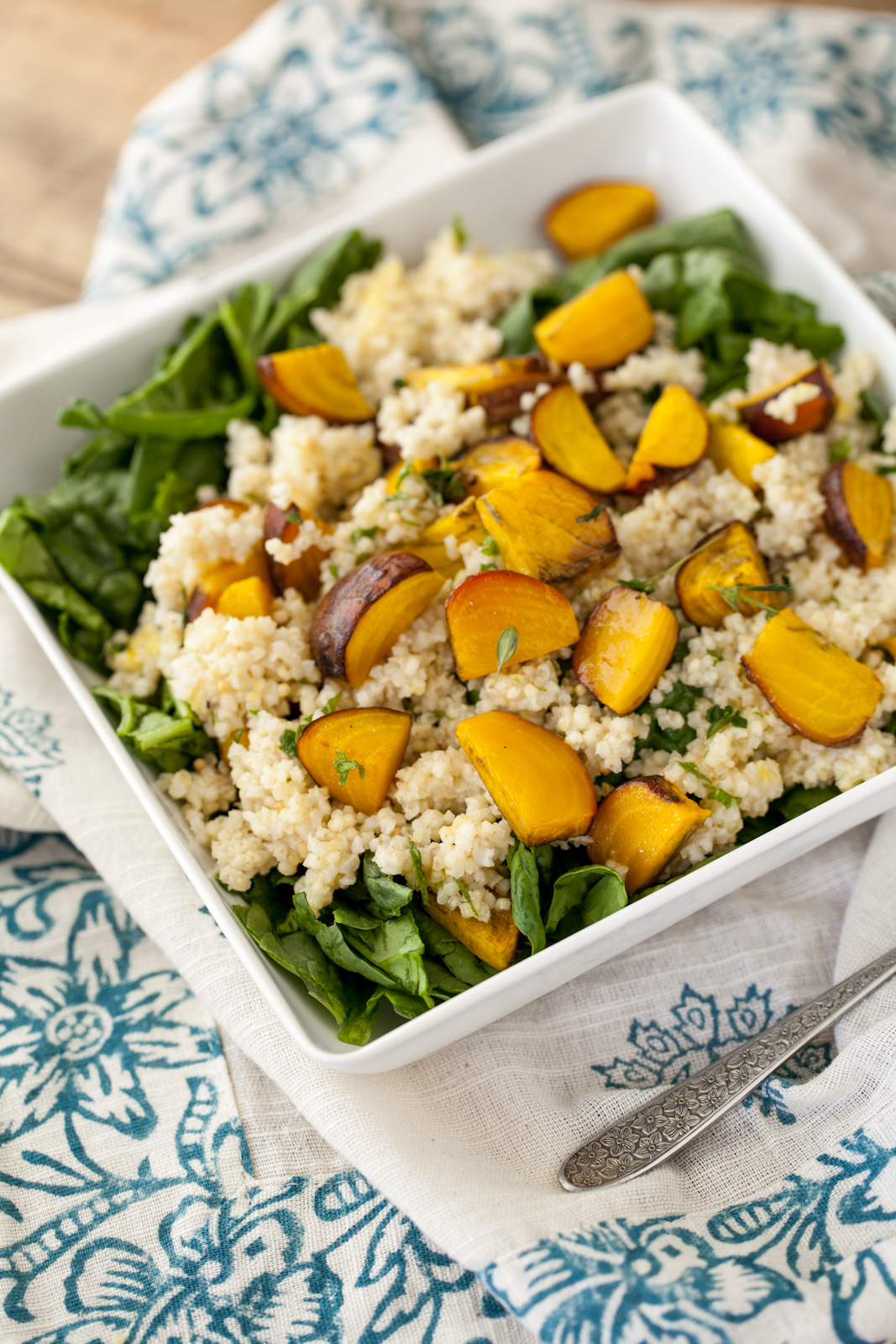 Roasted Golden Beet and Millet Spinach Salad | Maggie's Secret Box