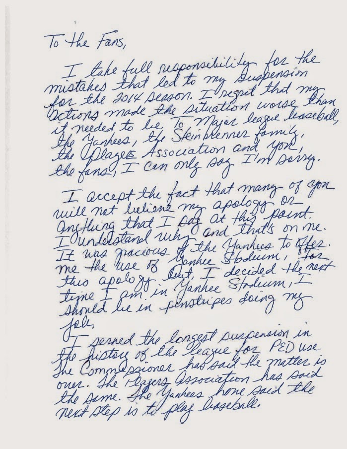 the other paper: A-Rod issues hand-written apology letter to fans (PHOTOS)