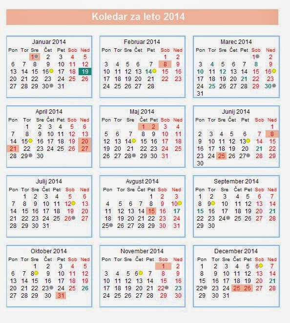 Koledarji in Prazniki: Letni koledar s prazniki 2014