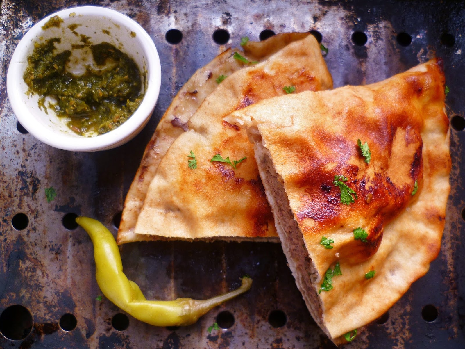 Marmaduke Scarlet: middle eastern arayes (meat stuffed pitta sandwich)