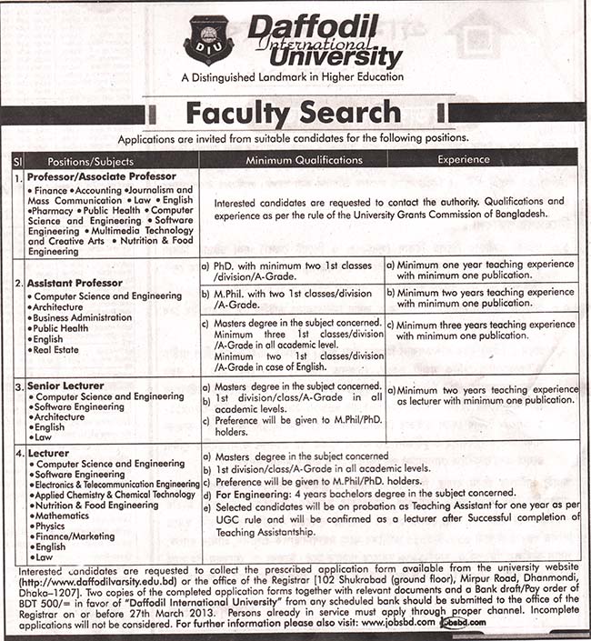 Jobs Barta: Daffodil International University Jobs Circular, Post ...