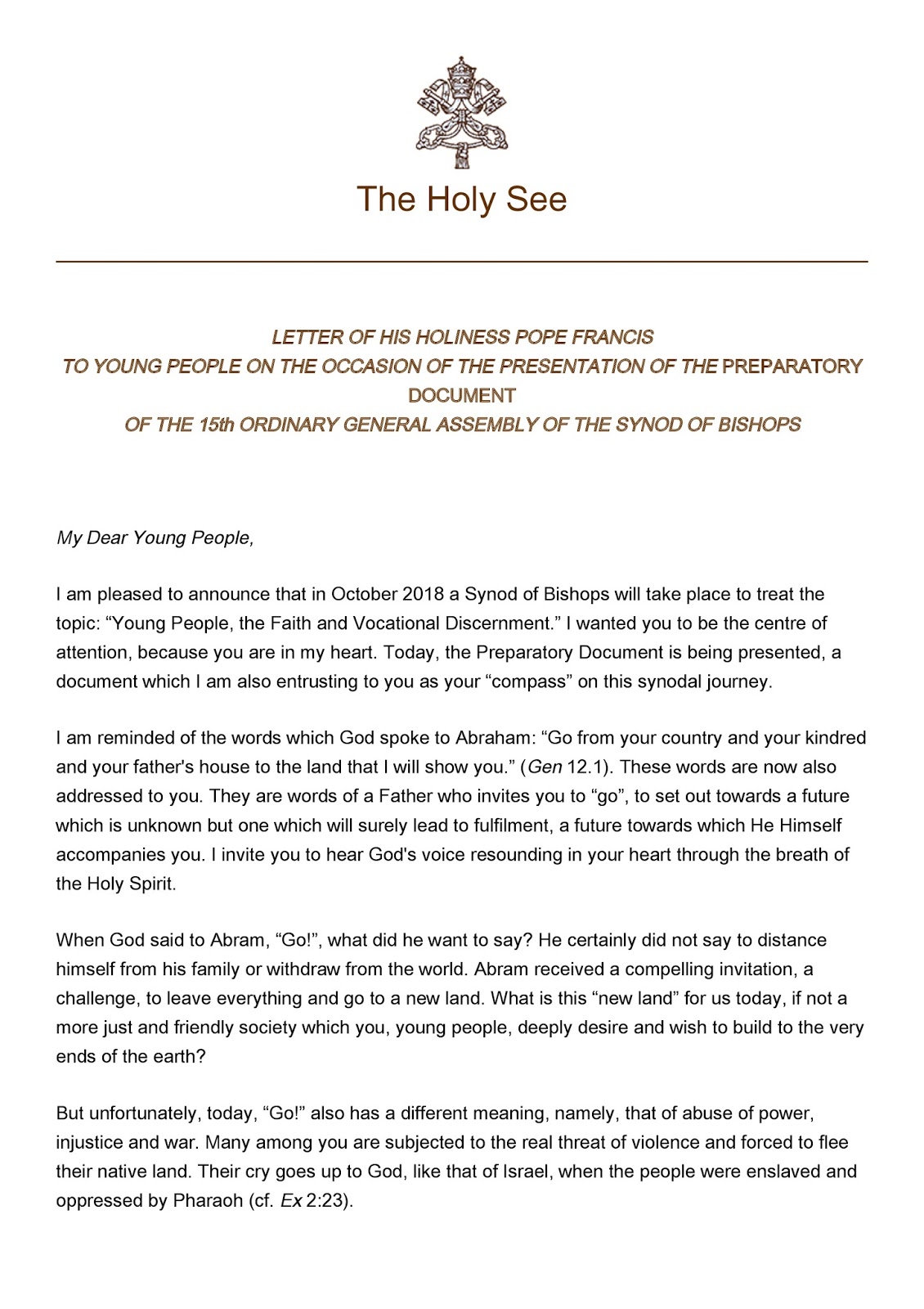Letter of Pope Francis to Young People: "Go"