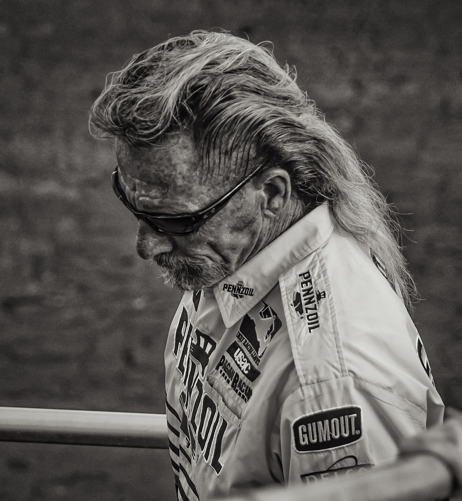 Blue Heron Blast: Race fan with a serious mullet