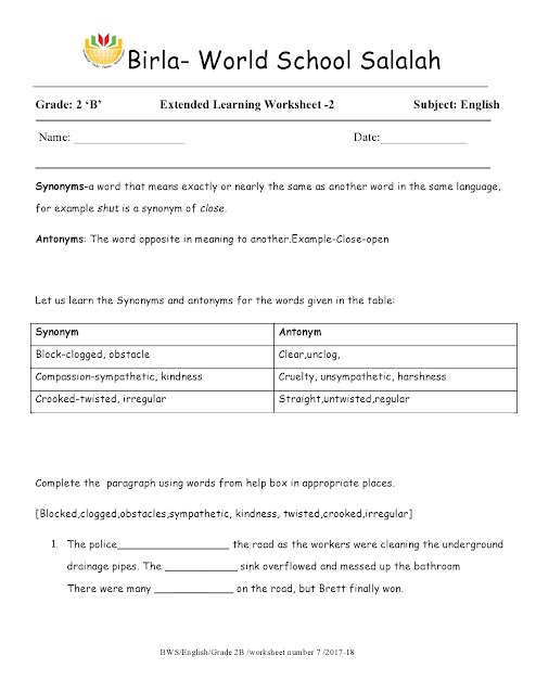 Birla World School Oman: Homework for Grade 2 as on 09/11/2017
