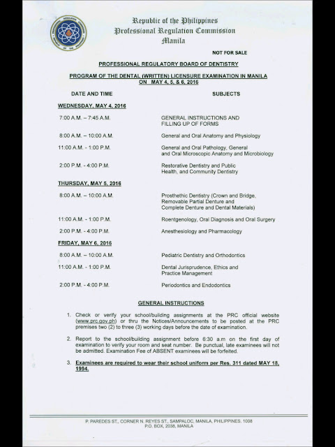 Reminders: May 4-6, 2016 Board Exams ~ Dentist Board Exam Philippines