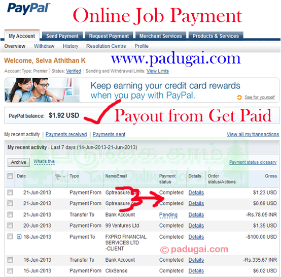 Online job Payment Proof photo copy