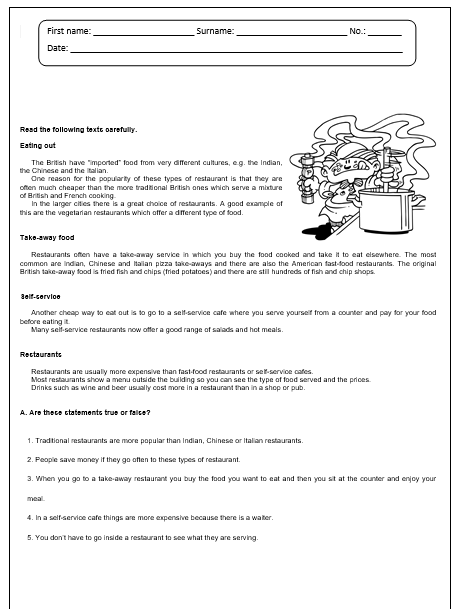 Food Reading Comprehension | My English Printable Worksheets