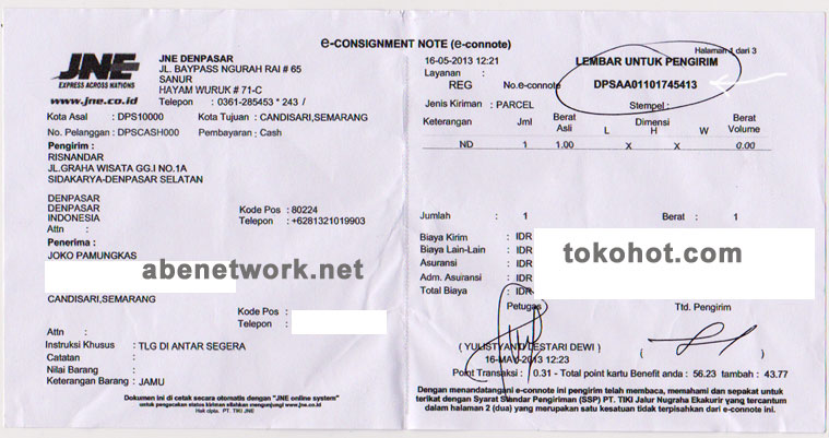 nomor bukti resi pengiriman JNE dan Pos: Resi JNE kirim GASA ke JOKO ...