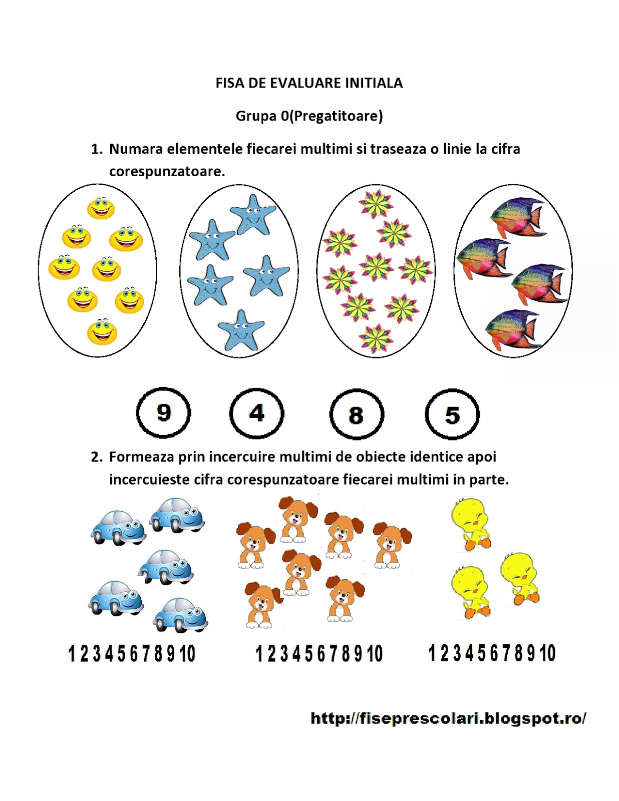 FISE de Evaluare Initiala pentru clasa 0/ Pregatitoare MEM - Matematica :: Fise de lucru - gradinita