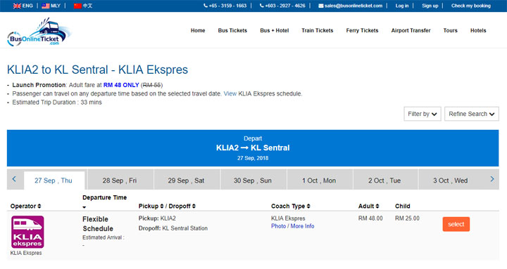 Tempah Online Tiket KLIA Ekspress / ERL Guna BOT