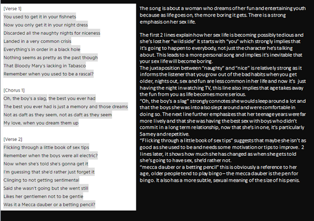 Mike Tanner's A2 Blog: Task 17: Lyrical analysis