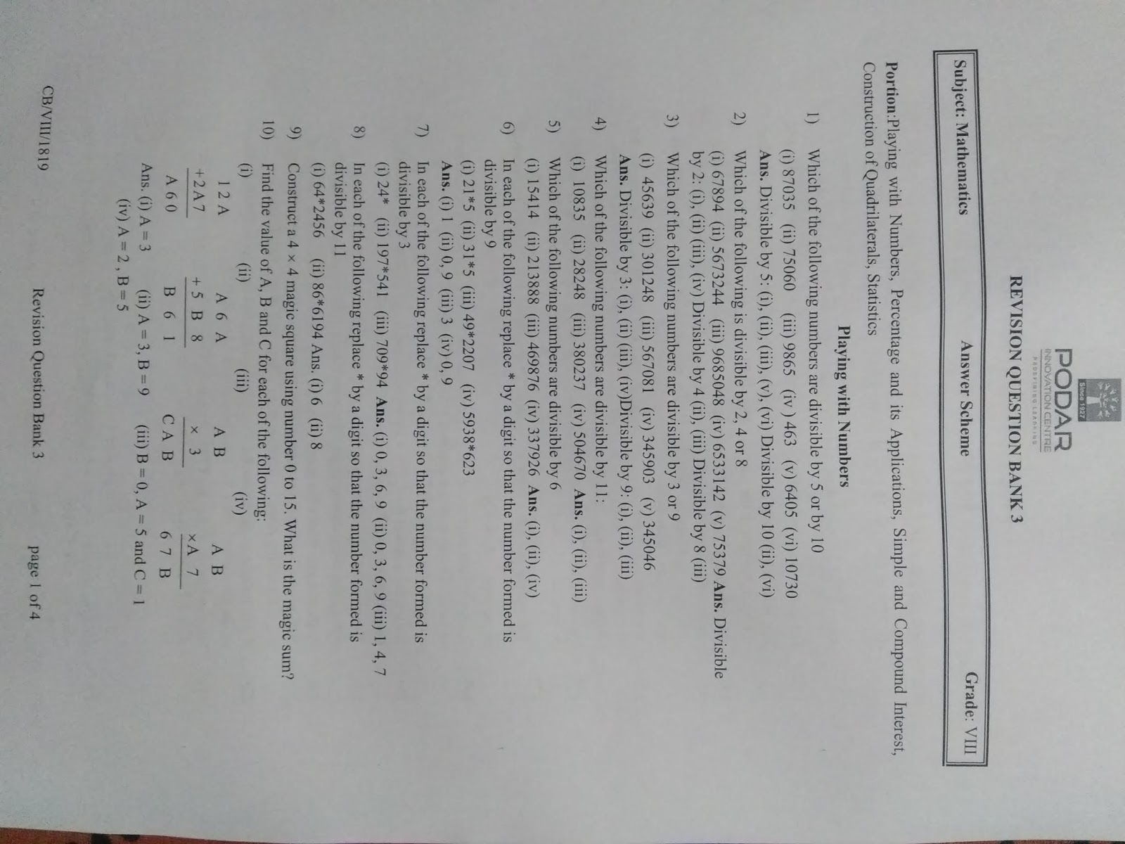 Grade 8 Mathematics : Answer scheme of Revision Question Bank