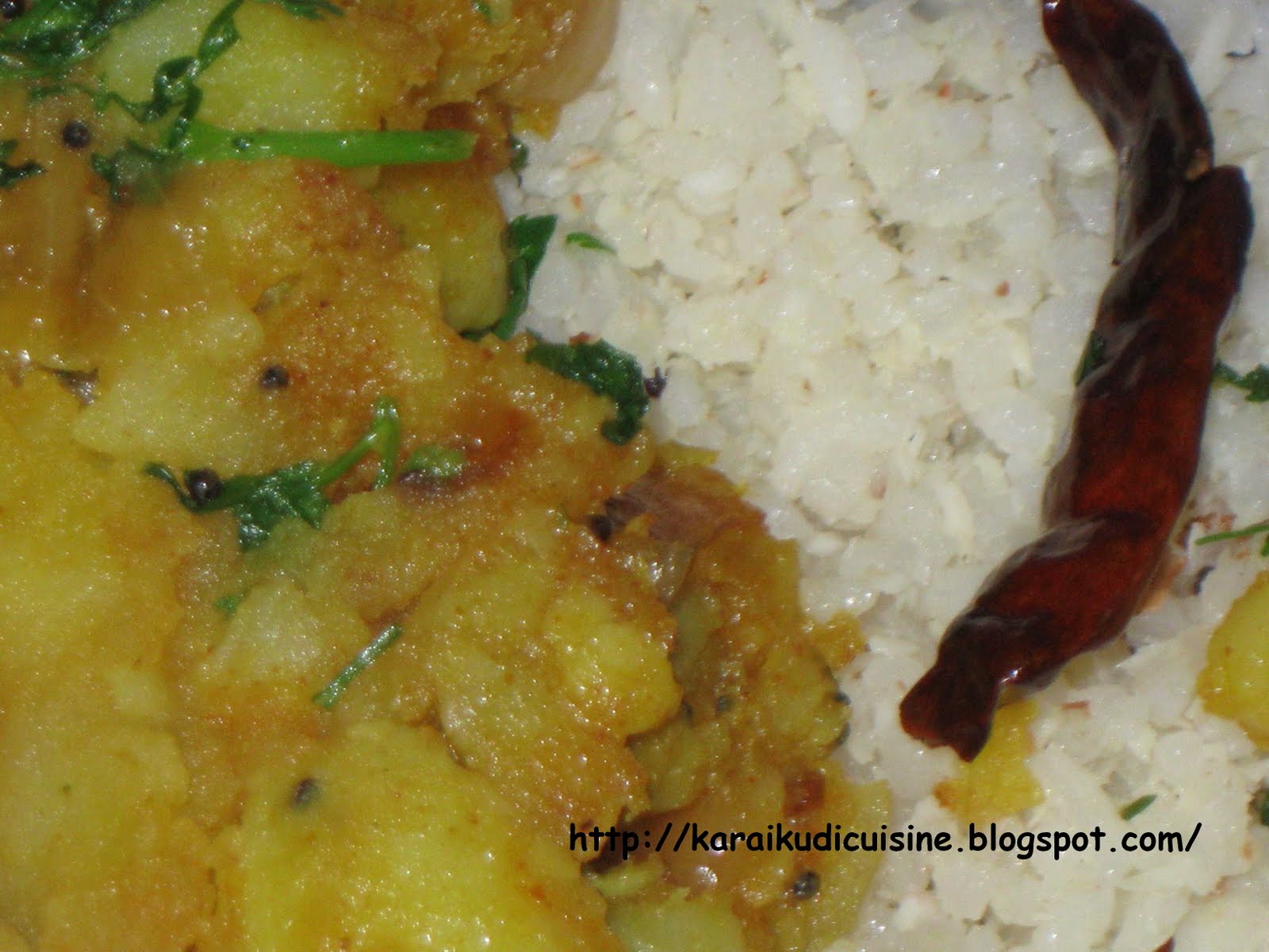 Karaikudi Cuisine: Coconut rice with smashed potato curry