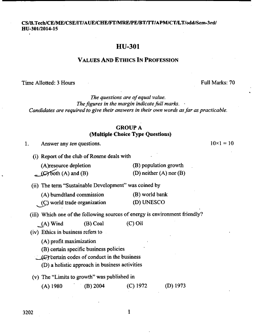 Values and Ethics in Profession HU301 WBUT 2014 Question Paper - University Question Papers
