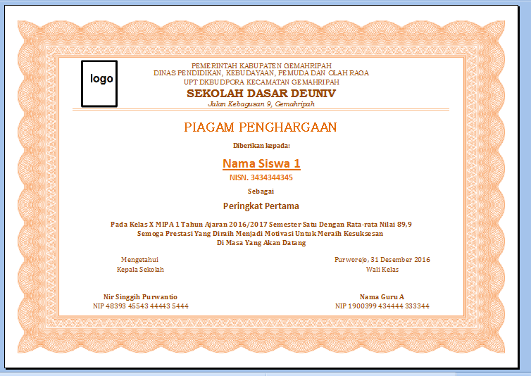 Aplikasi Piagam Juara Kelas Format Excel - tasADMIN