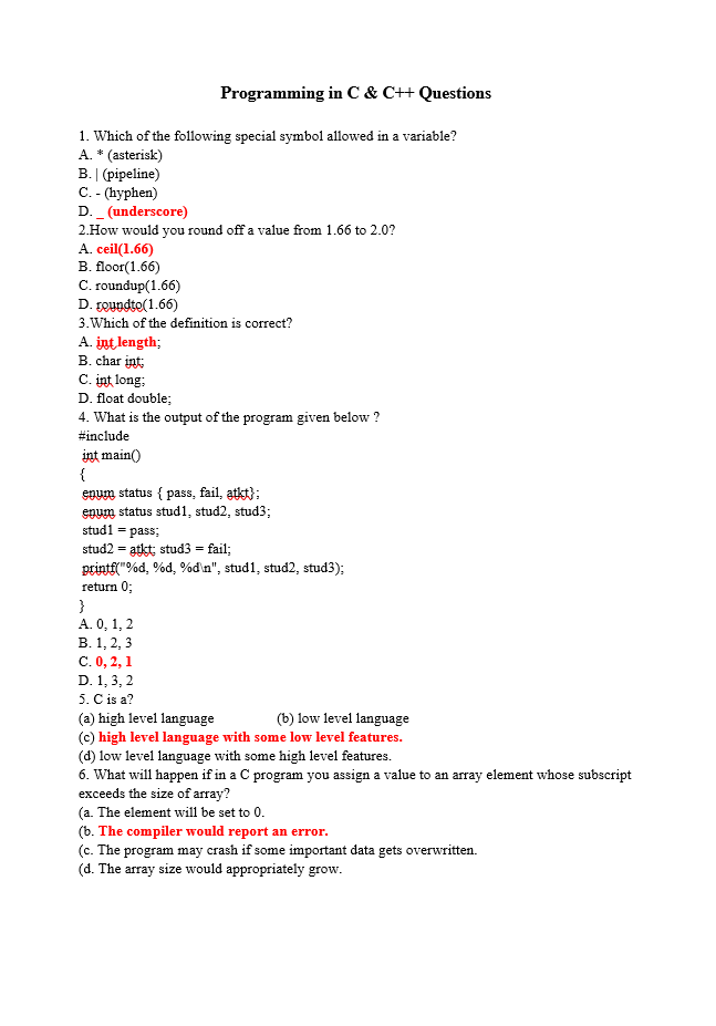 Psc Hsst Computer Science Hsst Cs Programming In C And C Questions