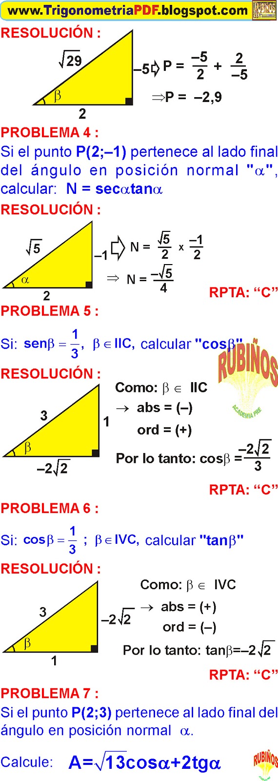 RAZONES TRIGONOMETRICAS DE ANGULOS DE CUALQUIER MAGNITUD PROBLEMAS ...