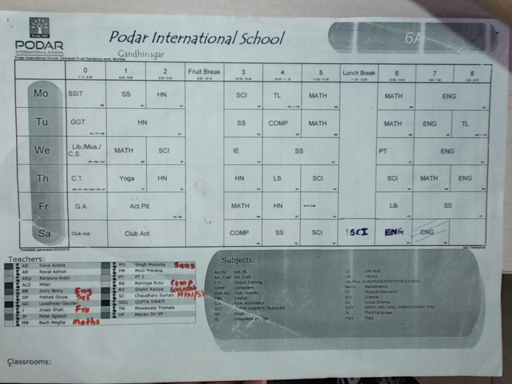 Class 6A: Time Table